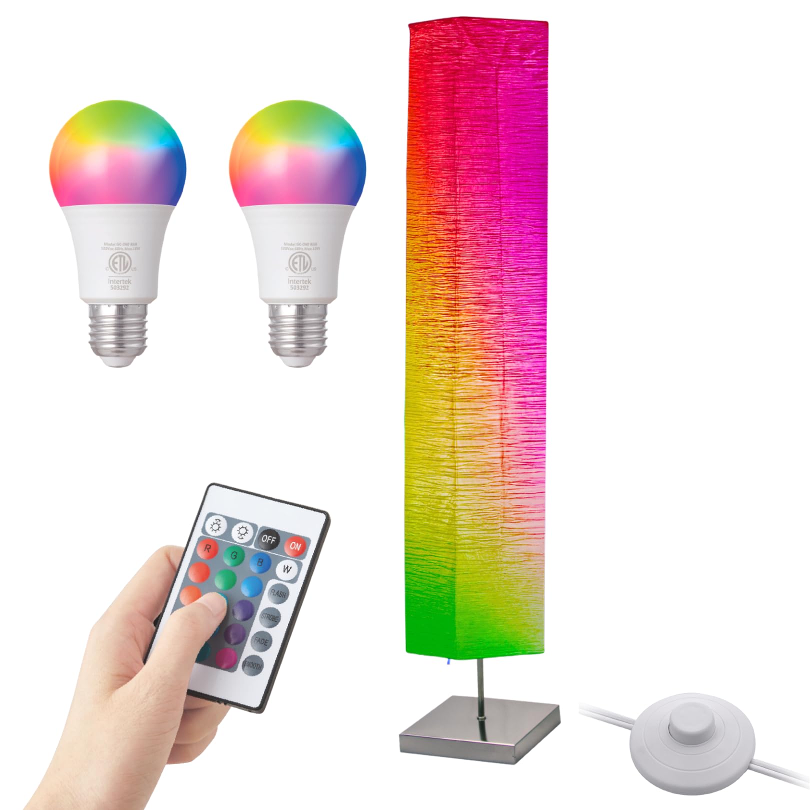 LIGHTACCENTS Honors Color Changing Floor Lamp With Two RGB LED Bulbs And Remote Control - Select From 4 Color Changing Modes. The Remote also has a built-in dimmer.