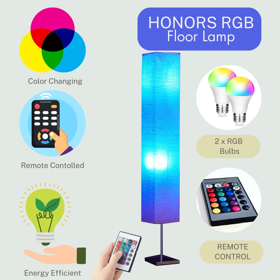 LIGHTACCENTS Honors Color Changing Floor Lamp With Two RGB LED Bulbs And Remote Control - Select From 4 Color Changing Modes. The Remote also has a built-in dimmer.