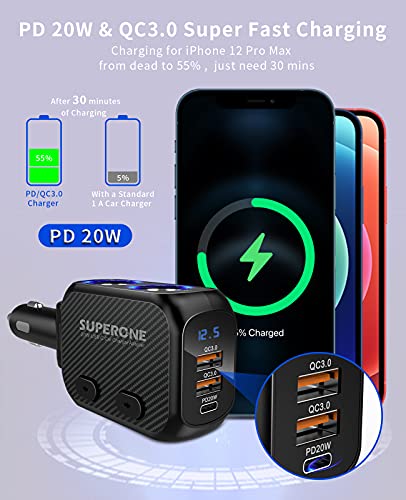 SUPERONE 180W Cigarette Lighter Splitter with 20W PD, 2-Socket Cigarette Lighter Adapter, Fast USB C Car Charger with Type-C 20W PD & QC 3.0 for Dash Cam, GPS, Laptop/iPad/iPhone 14/13/12/11/X/Samsung