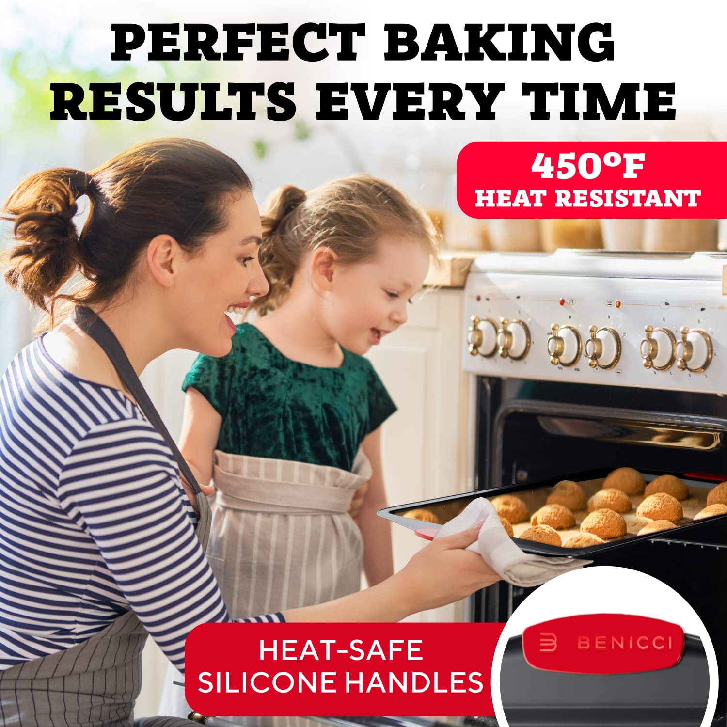 Premium Non-Stick Baking Sheets Set of 3 - Deluxe BPA Free, Easy to Clean Racks w/ Silicone Handles - Bakeware Pans for Cooking Baking Roasting - Lets You Bake The Perfect Cookie or Pastry Every Time
