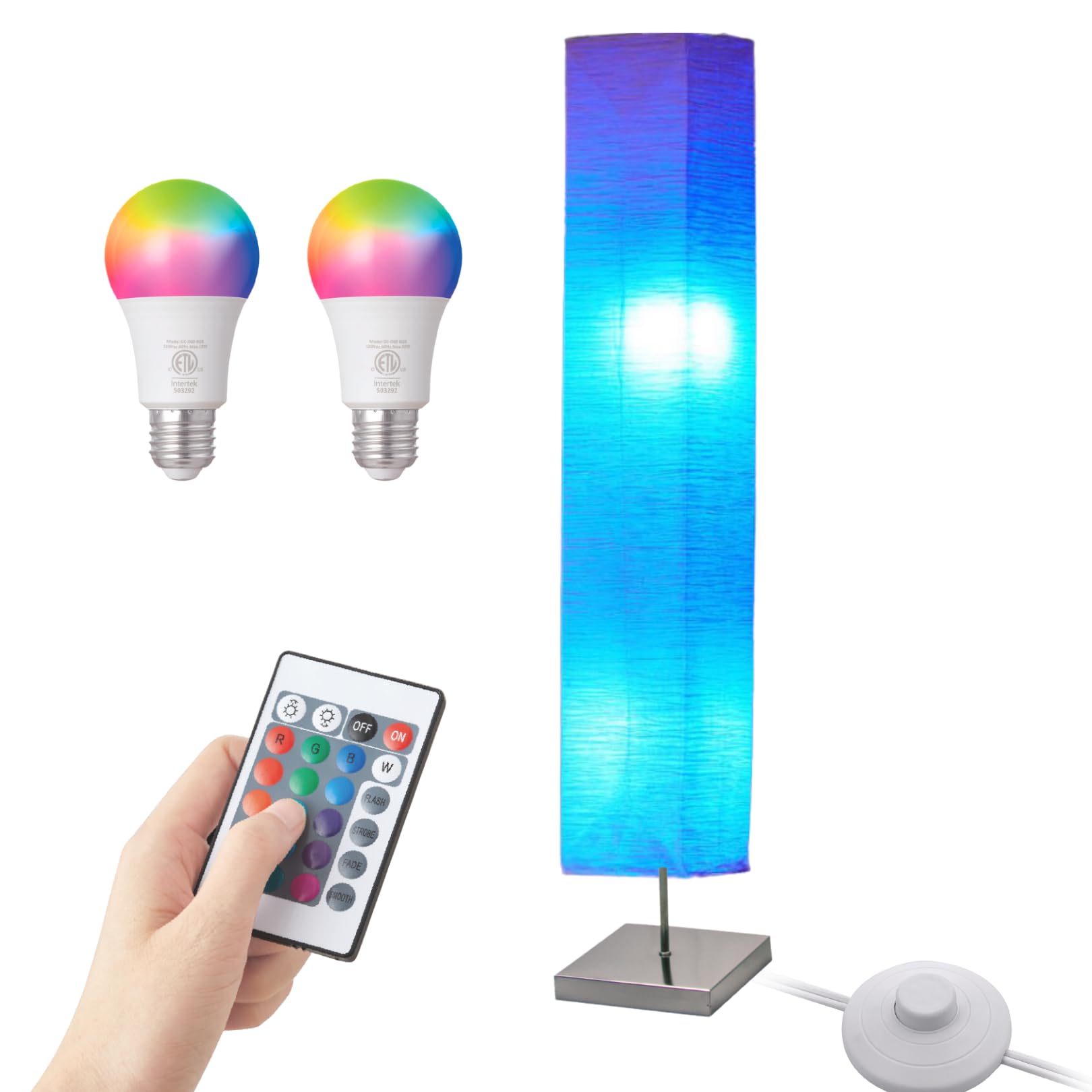 LIGHTACCENTS Honors Color Changing Floor Lamp With Two RGB LED Bulbs And Remote Control - Select From 4 Color Changing Modes. The Remote also has a built-in dimmer.
