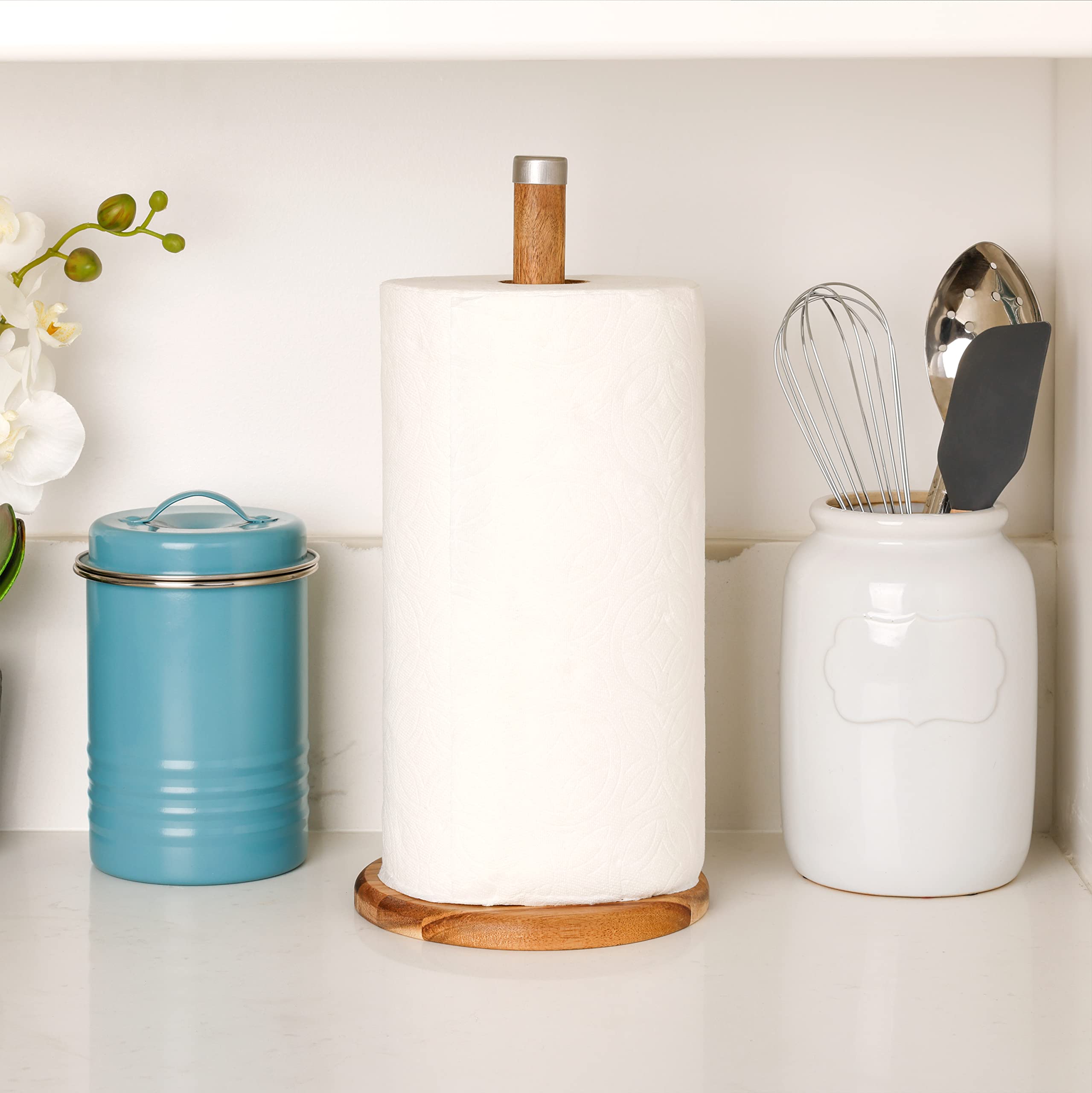 Smart Design Wood Paper Towel Holder - Fits Standard Size Paper Towel Rolls - Kitchen Countertop Stand, Bathroom Organizer Rack, Standing Dispenser - Acacia