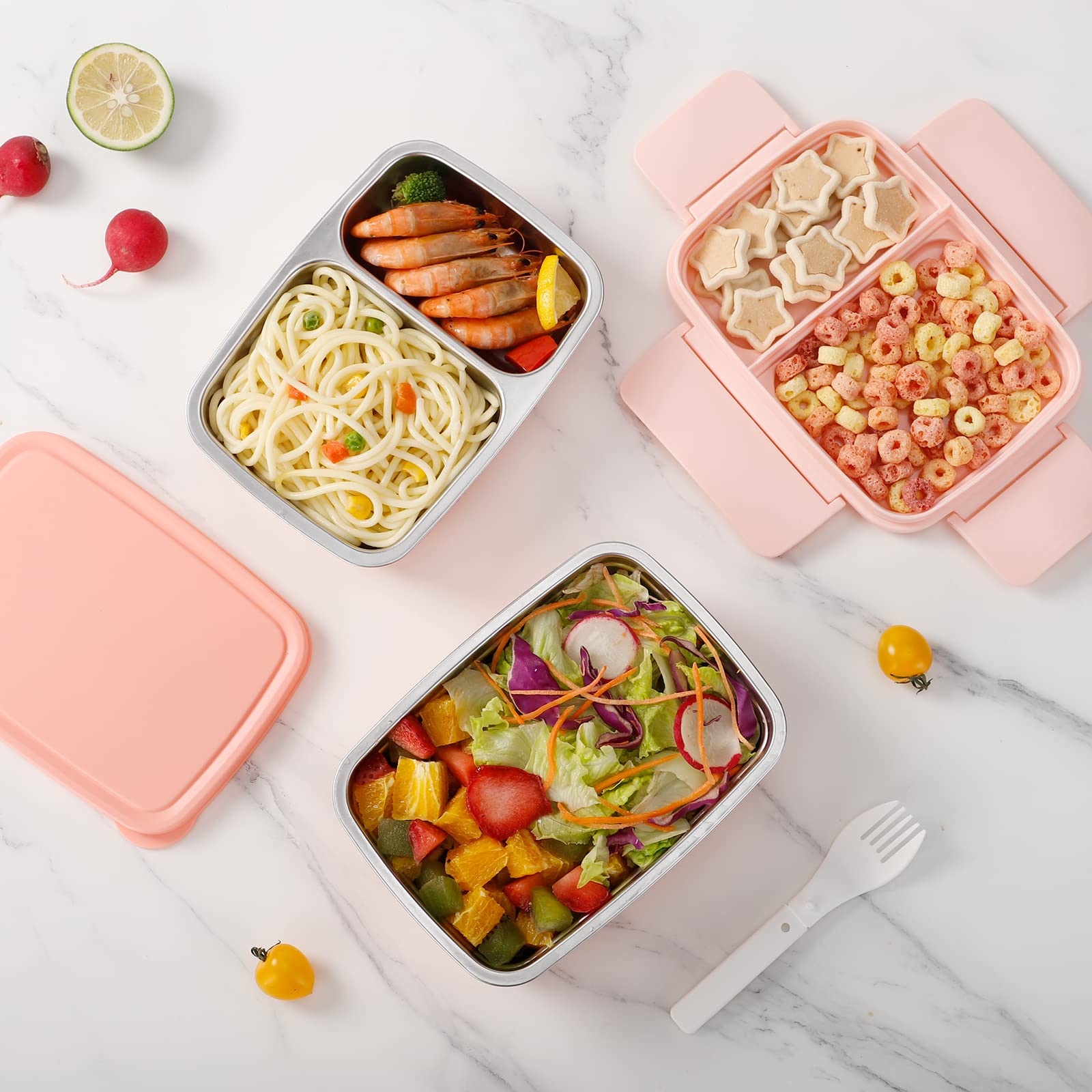 Freshmage Stainless Steel Bento Box for Adults & Kids, Leakproof Stackable Large Capacity Dishwasher Safe Lunch Container with Divided Compartments, Pink