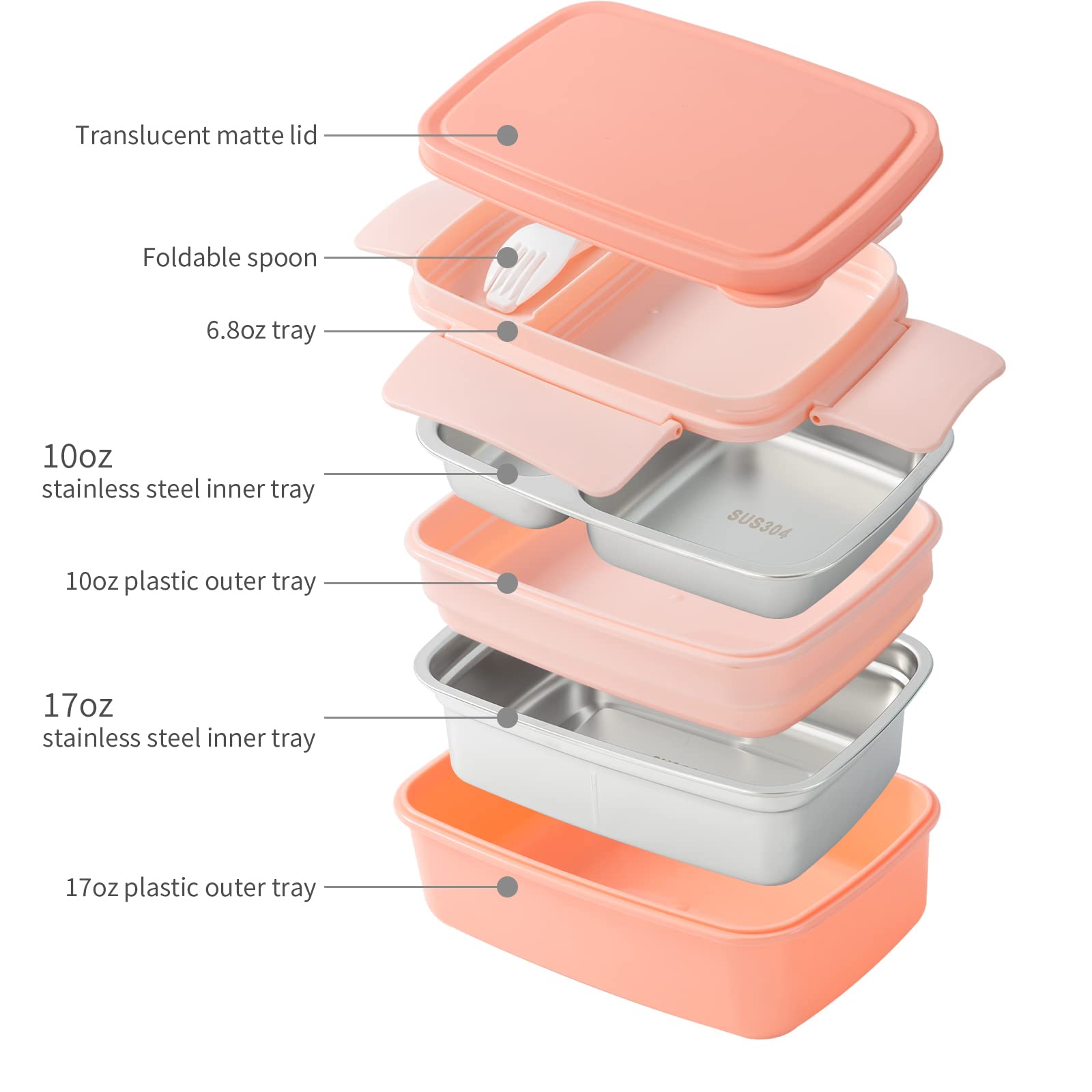 Freshmage Stainless Steel Bento Box for Adults & Kids, Leakproof Stackable Large Capacity Dishwasher Safe Lunch Container with Divided Compartments, Pink