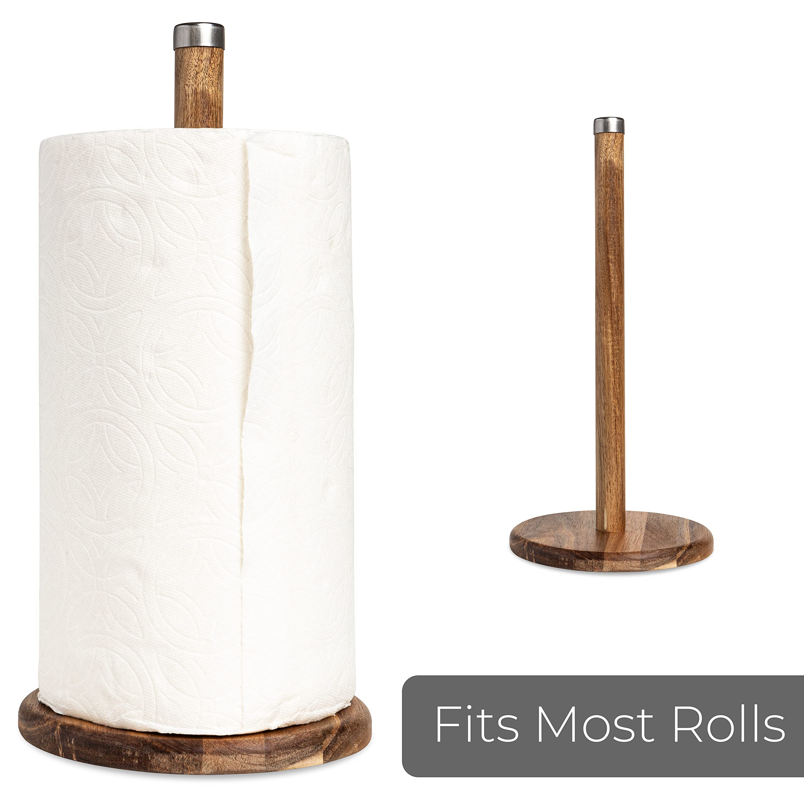 Smart Design Wood Paper Towel Holder - Fits Standard Size Paper Towel Rolls - Kitchen Countertop Stand, Bathroom Organizer Rack, Standing Dispenser - Acacia
