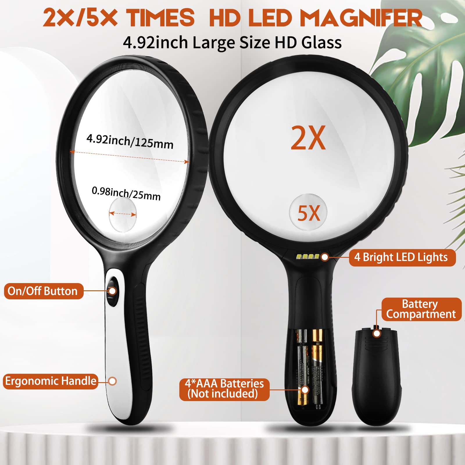 Magnifying Glass with Light, 4.92 Inch Large Magnifier, 2X 5X Handheld Illuminated Lighted Magnifier with 4 Bright LED Lights, Storage Bag, Clean Cloth for Seniors Reading, Kids Exploring, Map