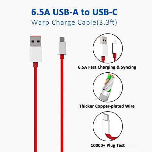 Warp Charger 65W for OnePlus 9R/9RT 5G/9/9 Pro, OnePlus Charger Warp Charge for OnePlus Nord 2 5G/8T/8T+ 5G,USB Wall Plug Block Replacement with Warp Charging USB A to C Cable(3.3ft)