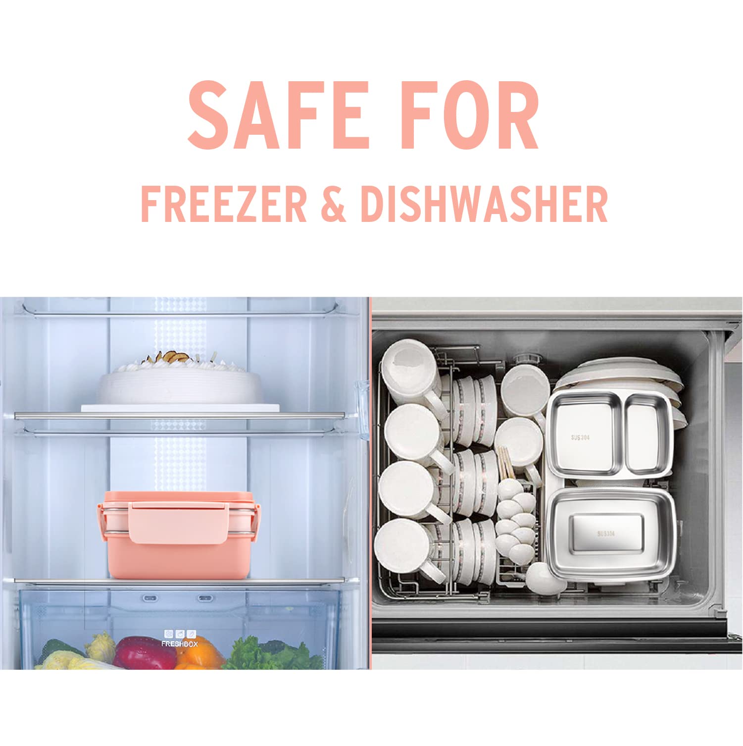 Freshmage Stainless Steel Bento Box for Adults & Kids, Leakproof Stackable Large Capacity Dishwasher Safe Lunch Container with Divided Compartments, Pink