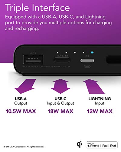 ZMI LevPower M10 MFi & Qi Certified USB PD Portable Charger with USB-C & Lightning Ports, Wireless Power Bank Compatible with iPhone 14/13/12/11/Pro/Max/X/XS/XS Max/8/8 Plus & iPad