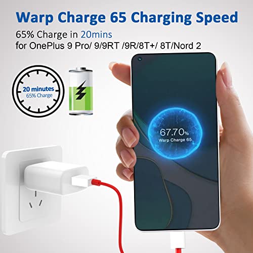 Warp Charger 65W for OnePlus 9R/9RT 5G/9/9 Pro, OnePlus Charger Warp Charge for OnePlus Nord 2 5G/8T/8T+ 5G,USB Wall Plug Block Replacement with Warp Charging USB A to C Cable(3.3ft)