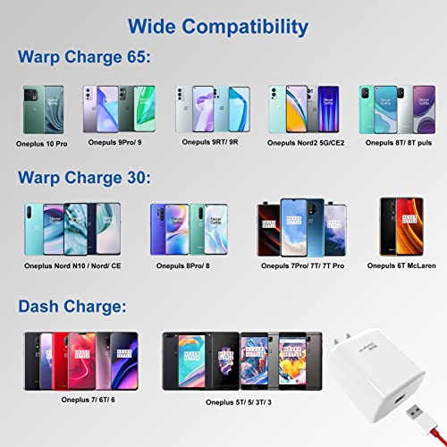Warp Charger 65W for OnePlus 9R/9RT 5G/9/9 Pro, OnePlus Charger Warp Charge for OnePlus Nord 2 5G/8T/8T+ 5G,USB Wall Plug Block Replacement with Warp Charging USB A to C Cable(3.3ft)