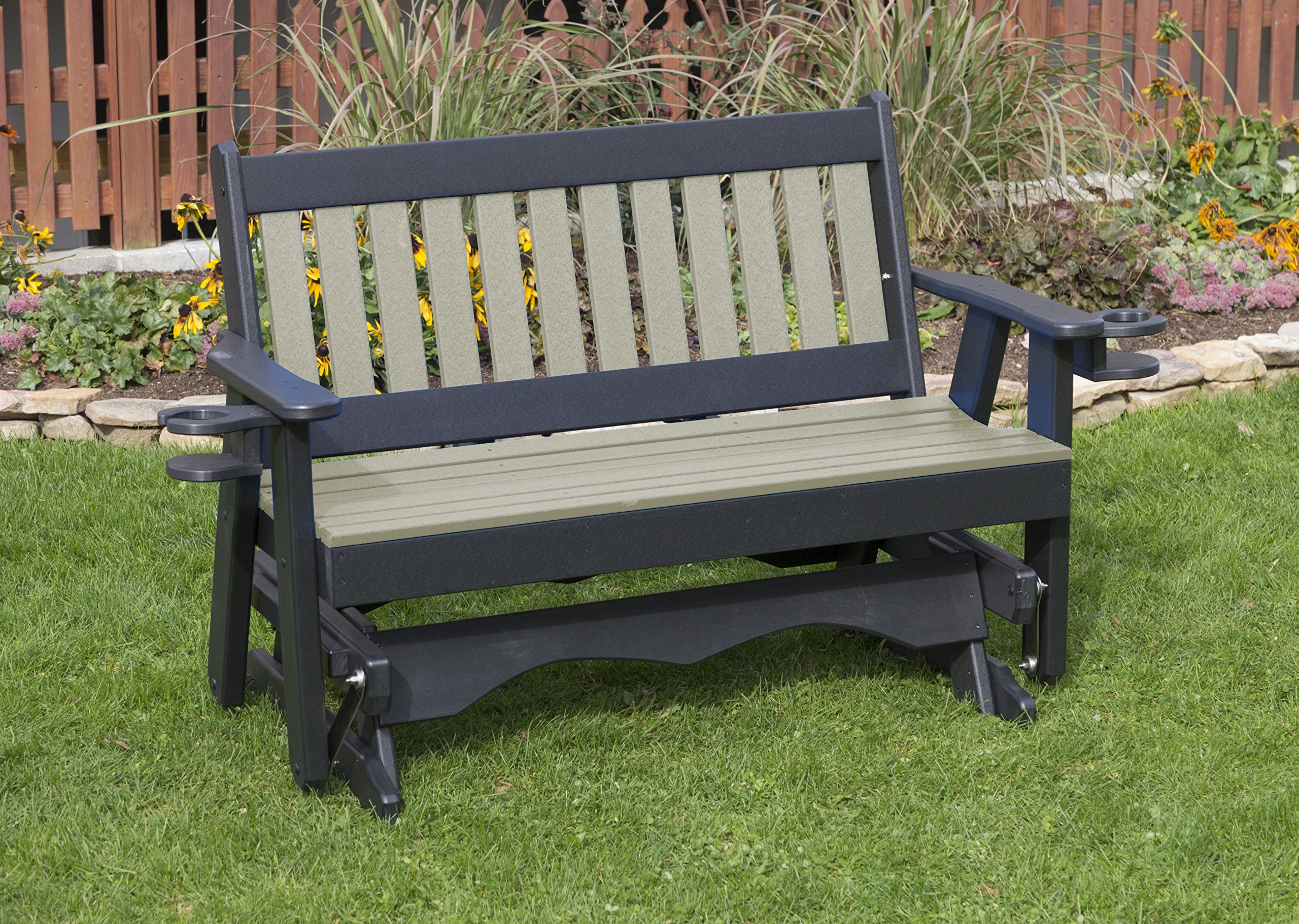 Ecommersify Inc 5FT-Weathered Wood-Poly Lumber Mission Porch Glider with Cupholder arms Heavy Duty Everlasting PolyTuf HDPE - Made in USA - Amish Crafted