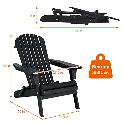 Folding Adirondack Chair Set of 2 Patio Chairs Weather Resistant Folding Outdoor Chair Solid Wooden Heavy Duty Reclining Fire Pit Chair for Deck, Lawn, Backyard, Garden-Black