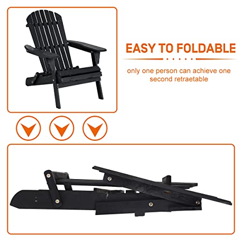 Folding Adirondack Chair Set of 2 Patio Chairs Weather Resistant Folding Outdoor Chair Solid Wooden Heavy Duty Reclining Fire Pit Chair for Deck, Lawn, Backyard, Garden-Black