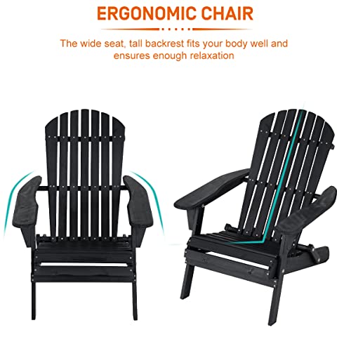 Folding Adirondack Chair Set of 2 Patio Chairs Weather Resistant Folding Outdoor Chair Solid Wooden Heavy Duty Reclining Fire Pit Chair for Deck, Lawn, Backyard, Garden-Black
