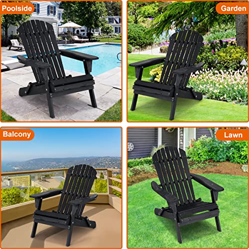 Folding Adirondack Chair Set of 2 Patio Chairs Weather Resistant Folding Outdoor Chair Solid Wooden Heavy Duty Reclining Fire Pit Chair for Deck, Lawn, Backyard, Garden-Black