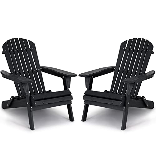 Folding Adirondack Chair Set of 2 Patio Chairs Weather Resistant Folding Outdoor Chair Solid Wooden Heavy Duty Reclining Fire Pit Chair for Deck, Lawn, Backyard, Garden-Black