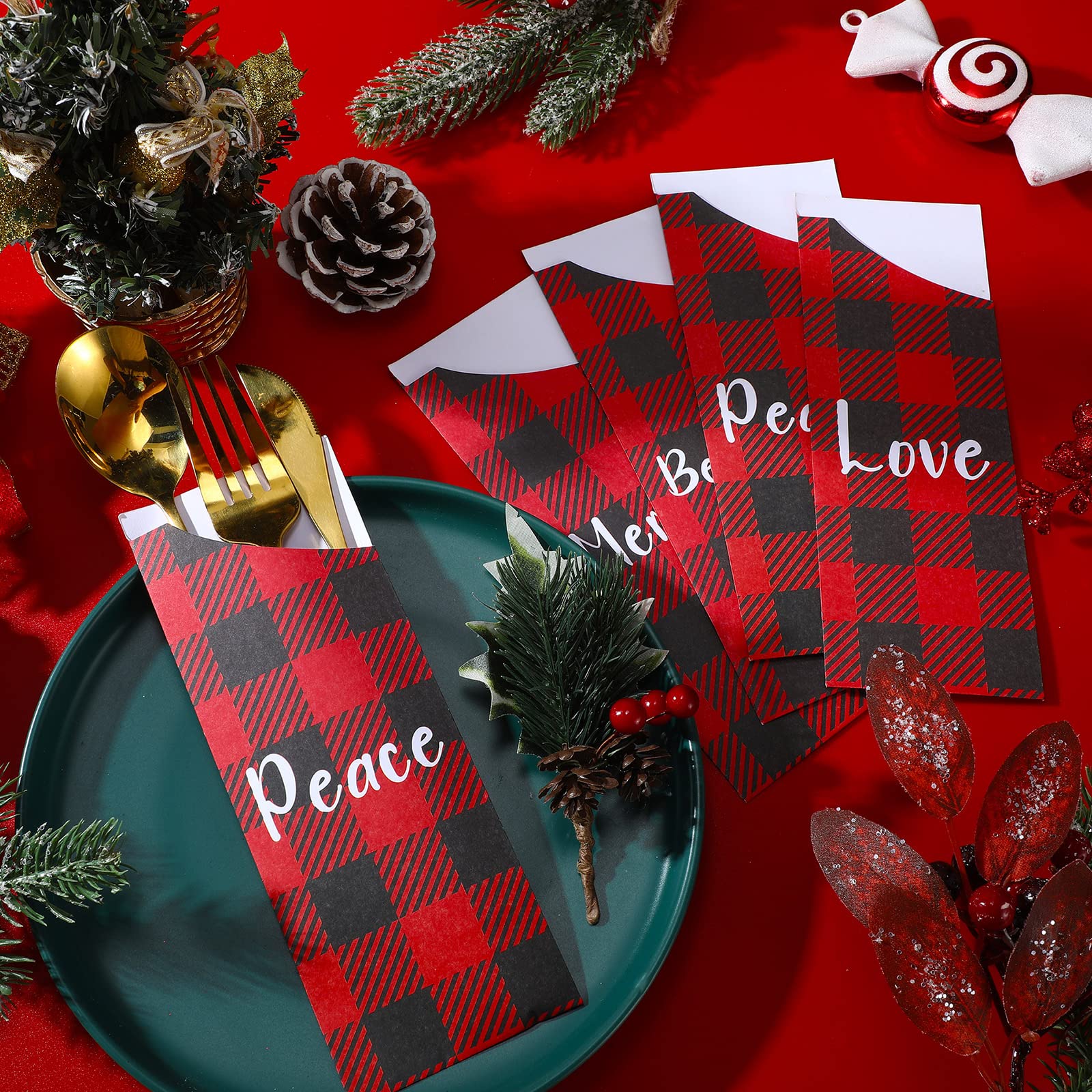 100 Pcs Christmas Silverware Bags Disposable Christmas Utensil Cutlery Holder Paper Xmas Flatware Tableware Holder Bags for Christmas Home Wedding Party Table Decorations, 4 Styles (Buffalo Plaid)