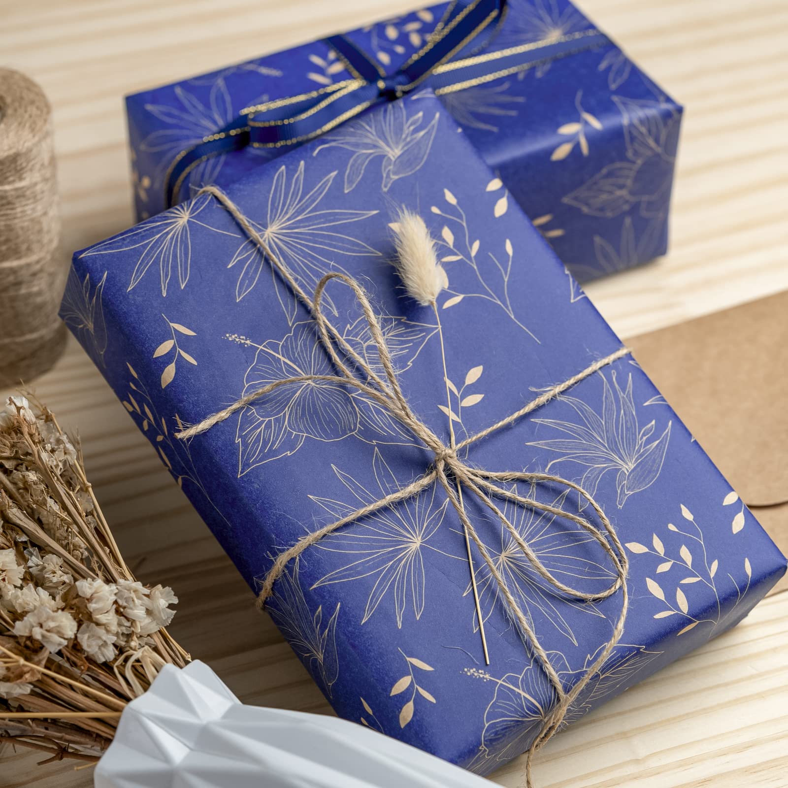 RUSPEPA Kraft Wrapping Paper Roll - Blue Flowers and Plants Pattern - 30 Inches x 100 Feet