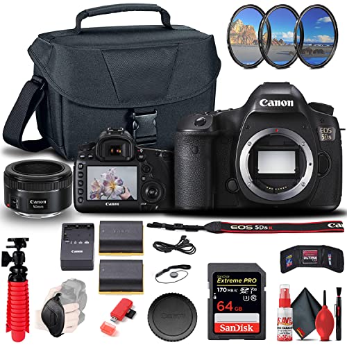 Canon EOS 5DS DSLR Camera (Body Only) (0581C002) + Canon EF 50mm Lens + 64GB Card + Case + Filter Kit + Corel Photo Software + LPE6 Battery + Card Reader + Flex Tripod + Hand Strap + More (Renewed)