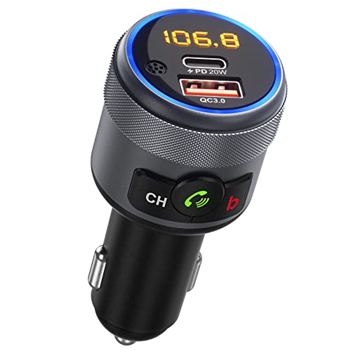 LENCENT Car FM Transmitter, Wireless Bluetooth 5.1 Radio Adapter Car Kit with Big Button, Type C PD 20W and QC3.0 18W Car Fast Charger, Bass Lossless Hi-Fi Sound Music Streaming, Wireless Call