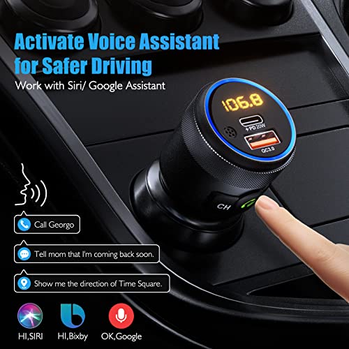 LENCENT Car FM Transmitter, Wireless Bluetooth 5.1 Radio Adapter Car Kit with Big Button, Type C PD 20W and QC3.0 18W Car Fast Charger, Bass Lossless Hi-Fi Sound Music Streaming, Wireless Call