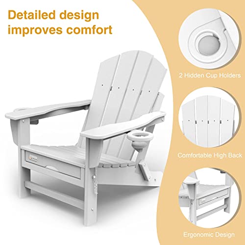 Mdeam Folding Adirondack Chair - Weather Resistant Fire Pit Chair with 2 Cup Holders and Retractable Ottoman for Patio, Garden, Backyard, Lawn, Outdoor (White)