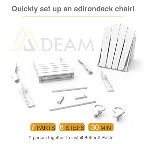 Mdeam Folding Adirondack Chair - Weather Resistant Fire Pit Chair with 2 Cup Holders and Retractable Ottoman for Patio, Garden, Backyard, Lawn, Outdoor (White)