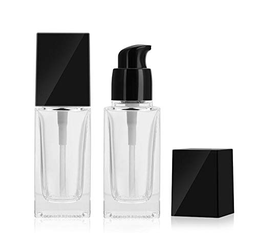 QUUPY 2Pcs 15ml/0.5oz Empty Clear Square Glass Emulsion Essence Bottle With Black Pump Head Cosmetic Foundation Travel Vials Containers Holder For Lotion Cleanser Essential Oils Liquids Body Cream