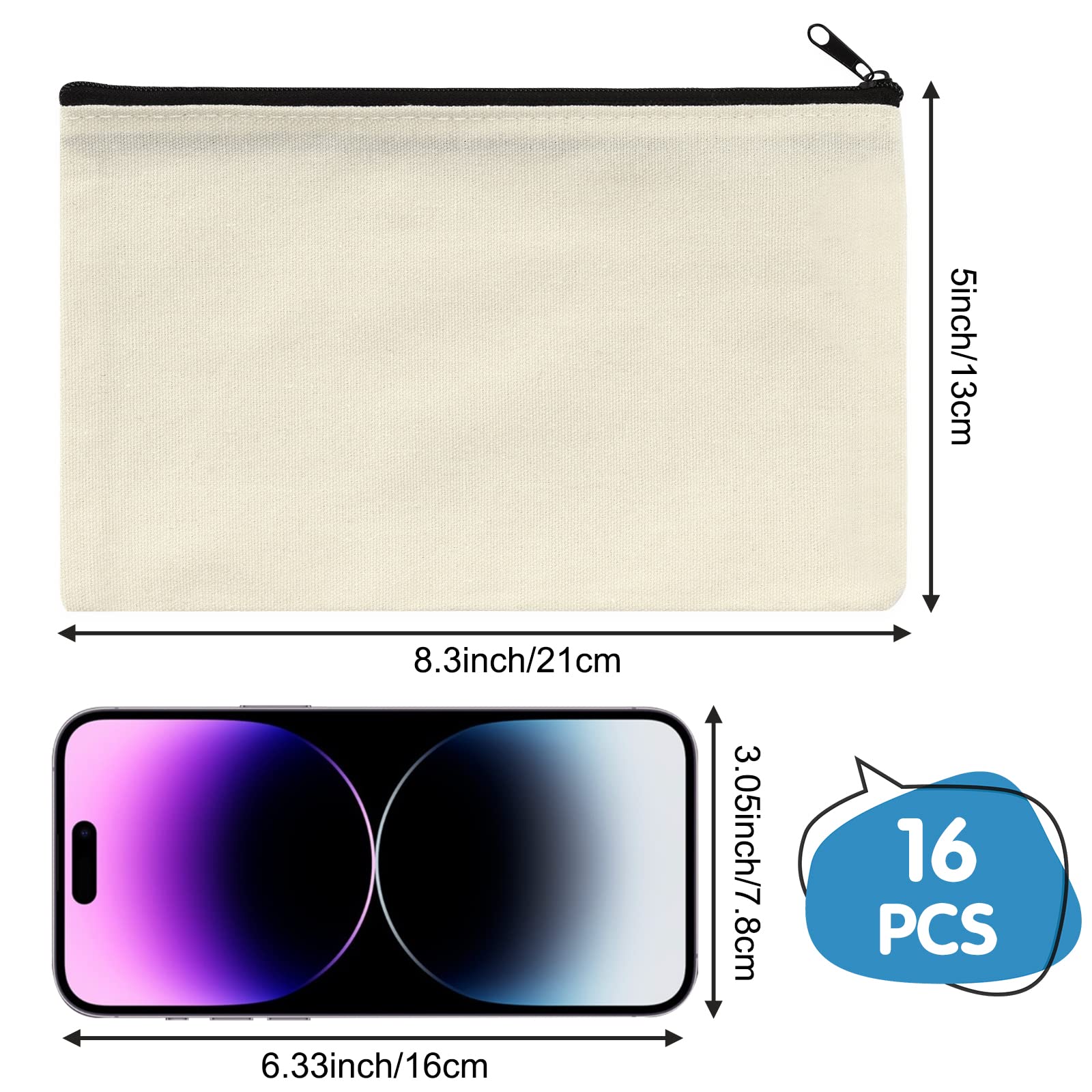 EOOUT 16pcs Blank Canvas Zipper Pouch for DIY Craft, Canvas Makeup Bags Small Pencil Pouch with Zipper in Bulk Canvas Cosmetic Bag Multi-Purpose Travel Bags (8.3×5inch)