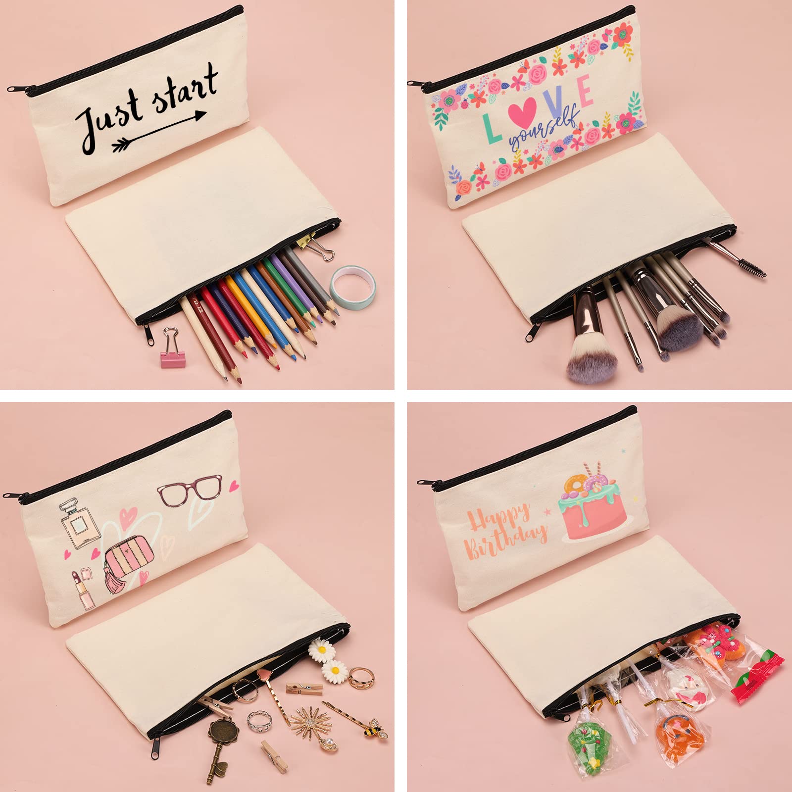 EOOUT 16pcs Blank Canvas Zipper Pouch for DIY Craft, Canvas Makeup Bags Small Pencil Pouch with Zipper in Bulk Canvas Cosmetic Bag Multi-Purpose Travel Bags (8.3×5inch)