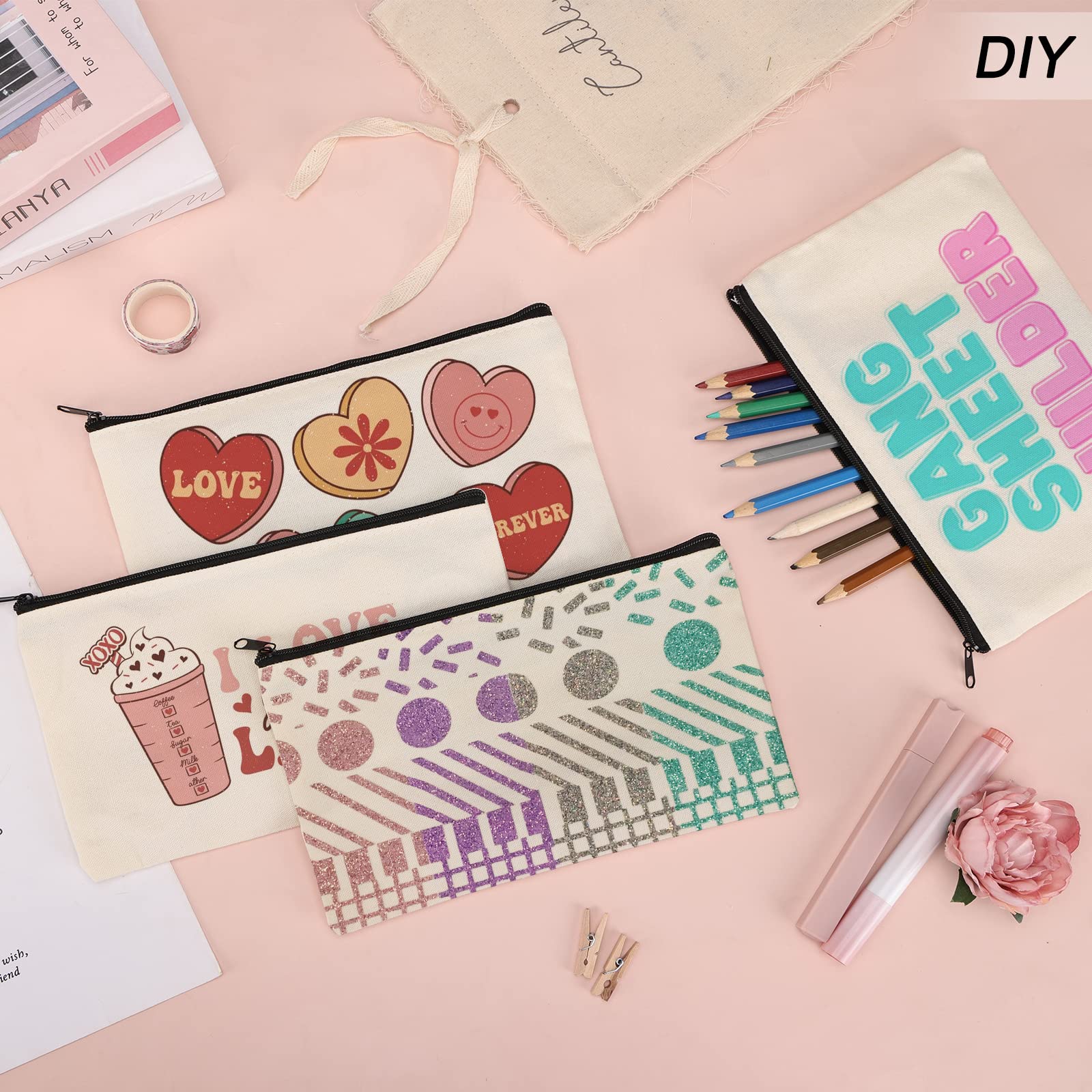 EOOUT 16pcs Blank Canvas Zipper Pouch for DIY Craft, Canvas Makeup Bags Small Pencil Pouch with Zipper in Bulk Canvas Cosmetic Bag Multi-Purpose Travel Bags (8.3×5inch)