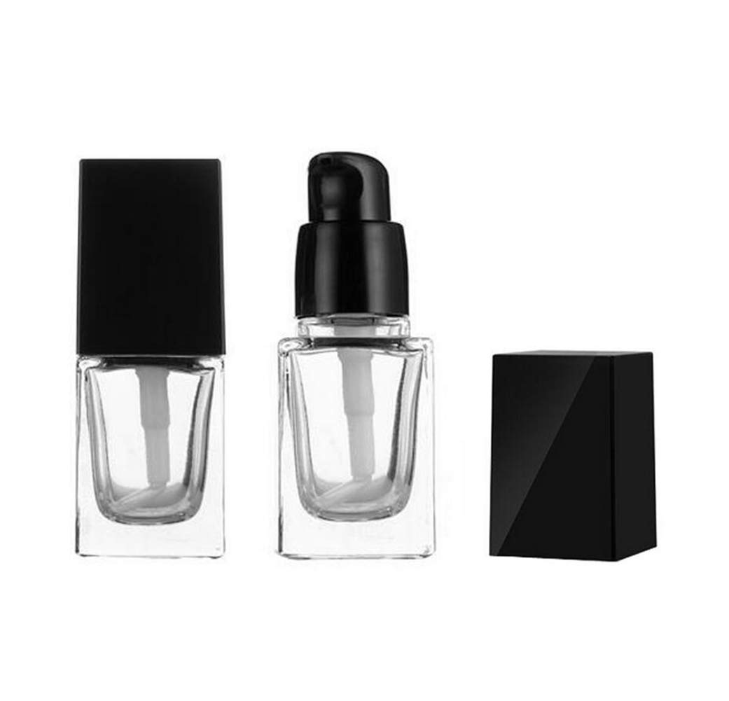 QUUPY 2Pcs 15ml/0.5oz Empty Clear Square Glass Emulsion Essence Bottle With Black Pump Head Cosmetic Foundation Travel Vials Containers Holder For Lotion Cleanser Essential Oils Liquids Body Cream