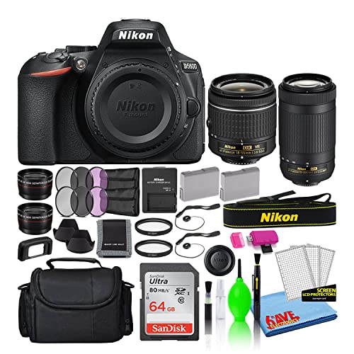 Nikon D5600 24.2MP DSLR Digital Camera with 18-55mm and 70-300mm Lenses (1580) Deluxe Bundle with 64GB SD Card + Large Camera Bag + Filter Kits + Spare Battery + Telephoto Lens (Renewed)