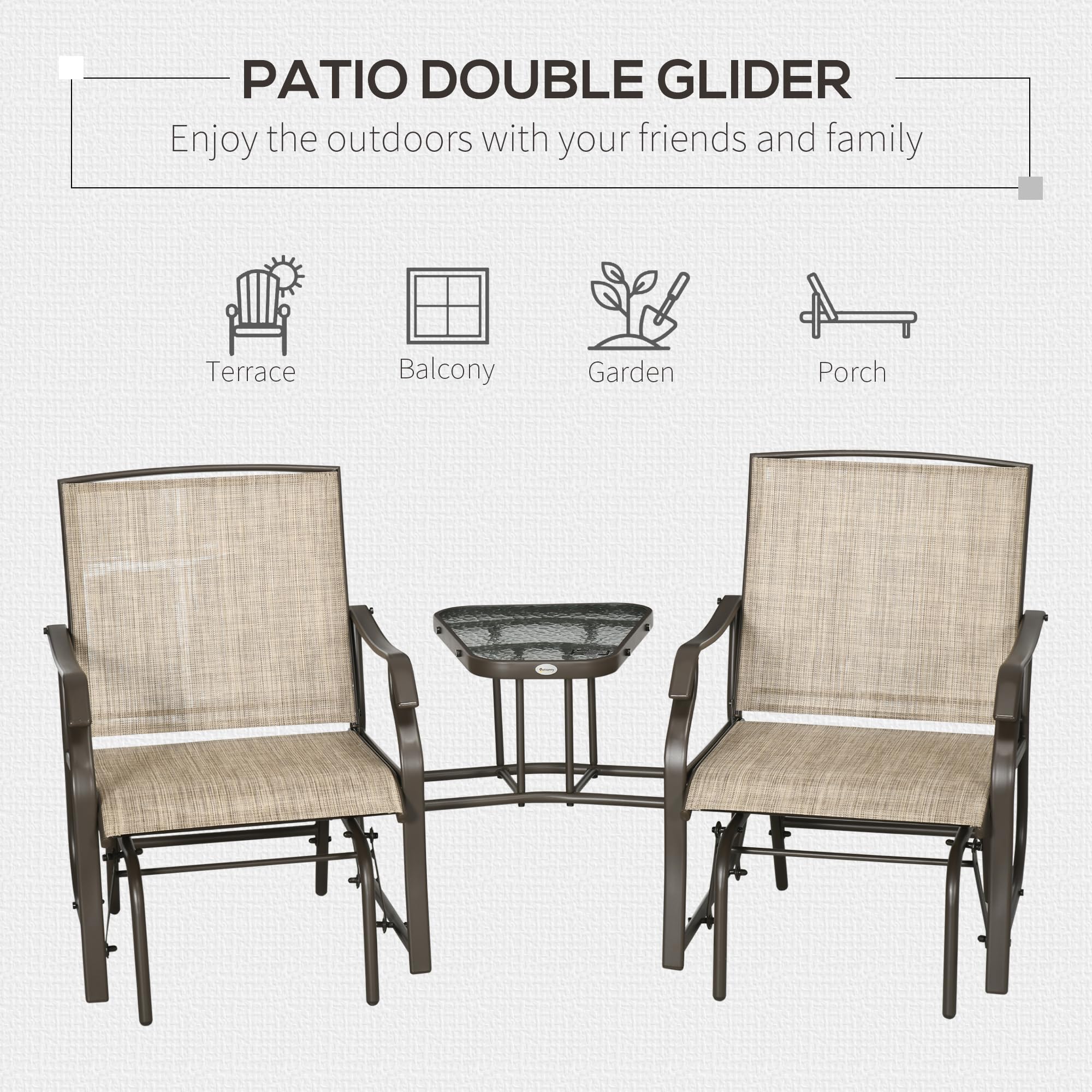 Outsunny Outdoor Glider Chairs with Coffee Table, Patio 2-Seat Rocking Chair Swing Loveseat with Breathable Sling for Backyard, Garden, and Porch, Light Brown