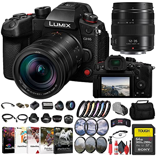 Panasonic Lumix GH6 Mirrorless Camera with 12-60mm f/2.8-4 Lens (DC-GH6LK) + Panasonic 12-35mm Lens + Sony 64GB Tough SD Card + Color Filter Kit + Filter Kit + Wide Angle Lens + More (Renewed)