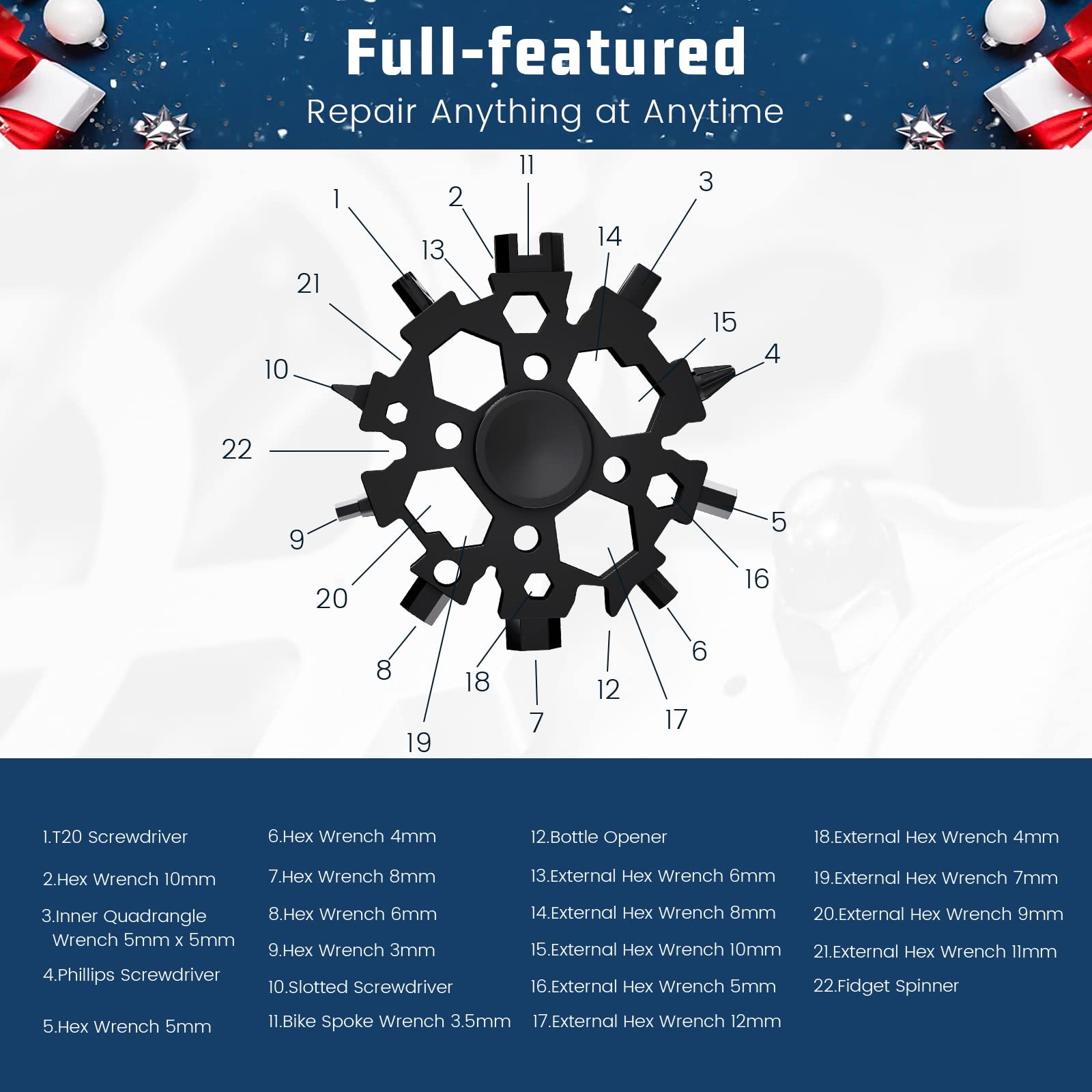 Gifts for Men, 22 in 1 Snowflake Multitool as Christmas Stocking Stuffers for Kids, Teens, Adults, Dads, Husbands, Boyfriends, and Grandpas(Black)