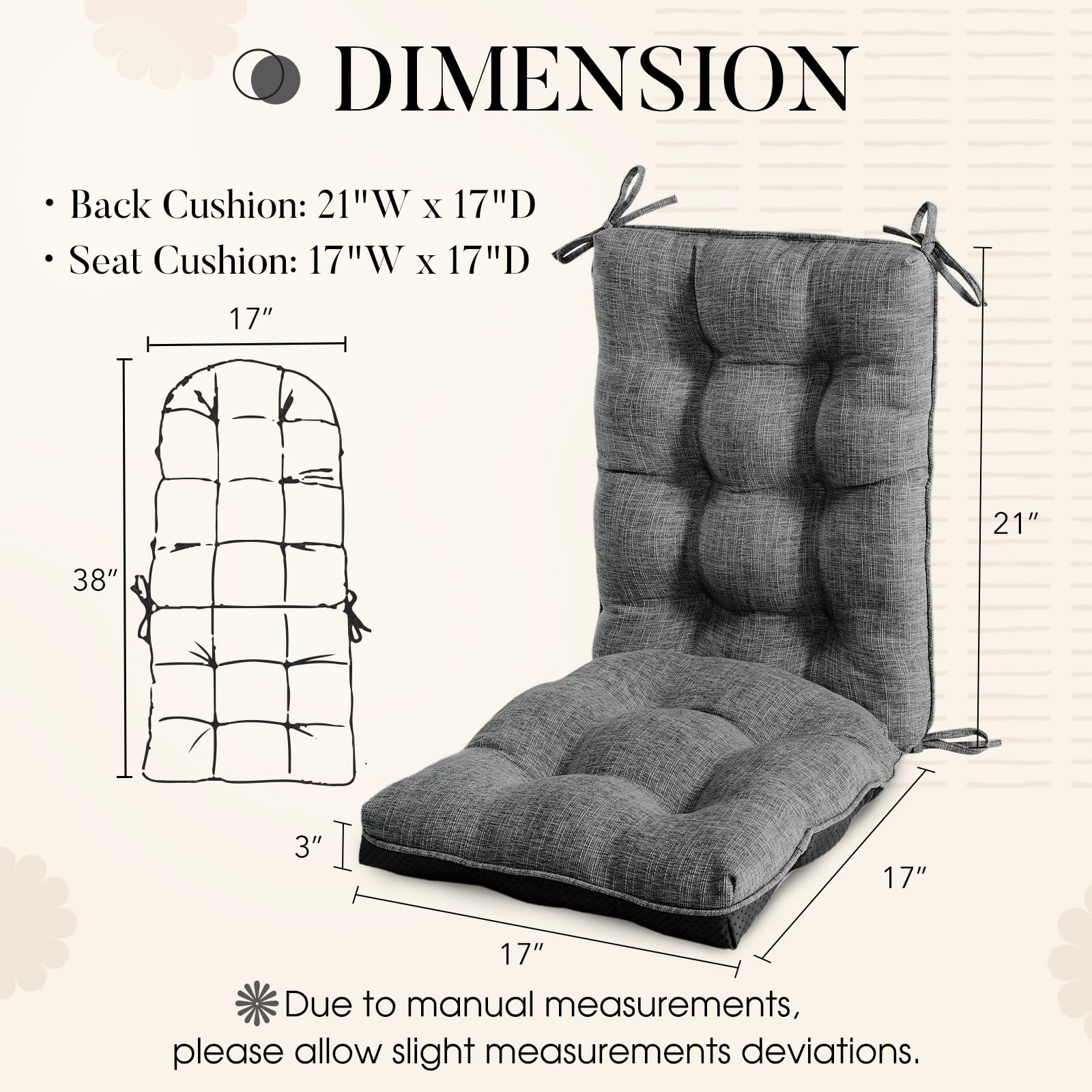Basic Beyond Rocking Chair Cushions Set of 2, Porch Rocker Cushions for Wooden Rocking Chairs Outdoor with Thick Padding, Back Cushion with Ties, Tufted Seat Cushion with Non-Slip Backing(Dark Grey)