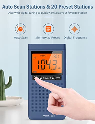 AM FM Portable Radio,Pocket Radio with Best Reception,Transistor Radio with Big Digital Screen, Sleep Timer,Stereo Earphone Jack, and Alarm Clock Operated by 2 AAA Batteries for Jogging, Walking(Blue)