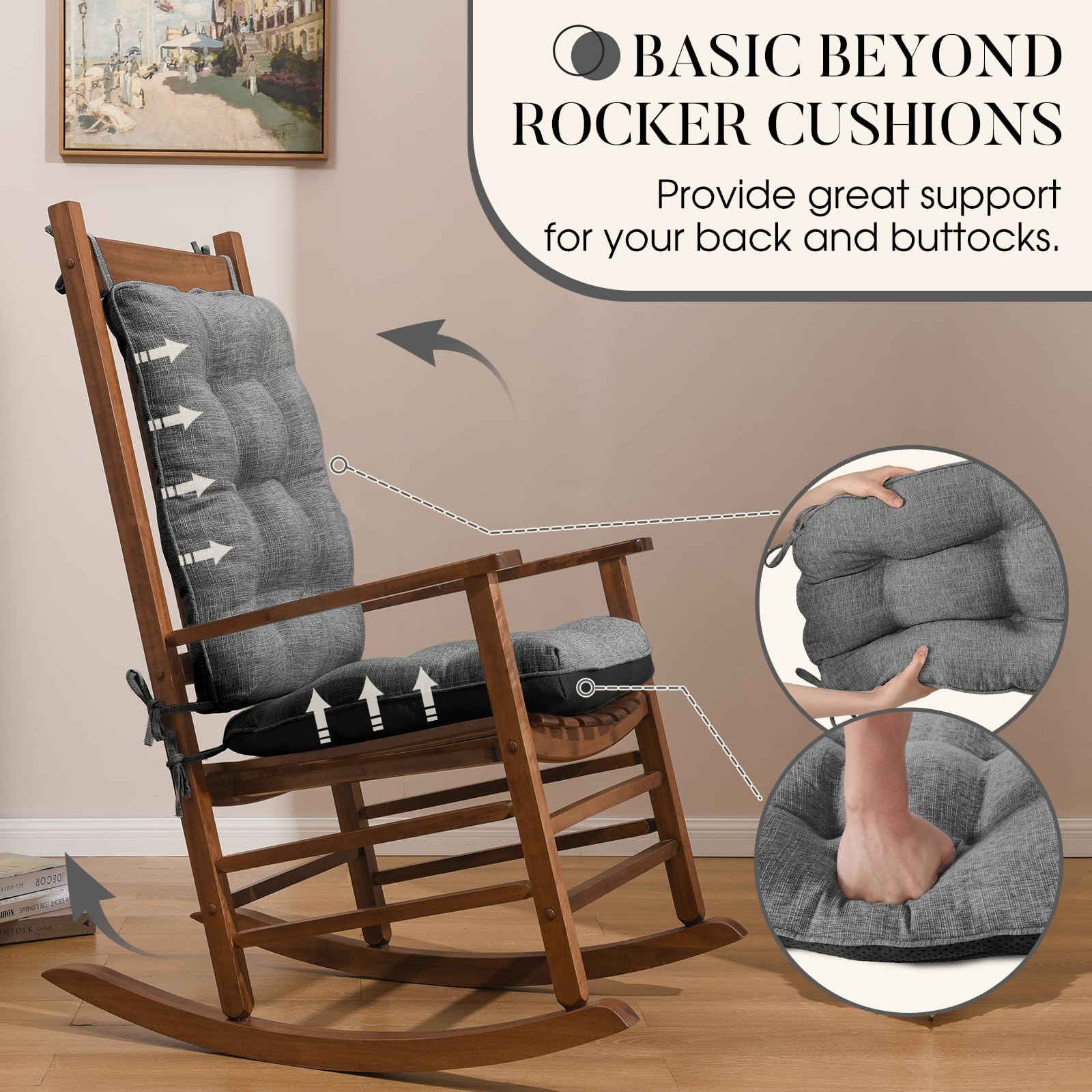 Basic Beyond Rocking Chair Cushions Set of 2, Porch Rocker Cushions for Wooden Rocking Chairs Outdoor with Thick Padding, Back Cushion with Ties, Tufted Seat Cushion with Non-Slip Backing(Dark Grey)
