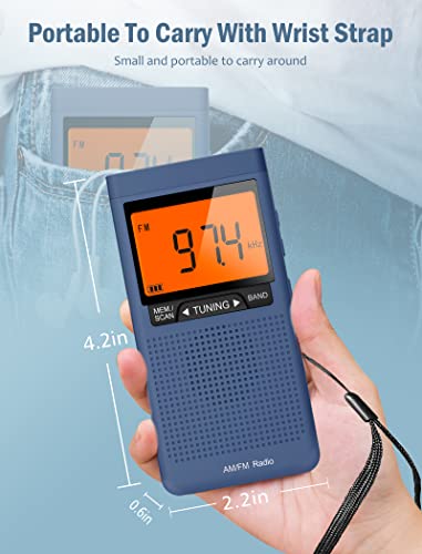 AM FM Portable Radio,Pocket Radio with Best Reception,Transistor Radio with Big Digital Screen, Sleep Timer,Stereo Earphone Jack, and Alarm Clock Operated by 2 AAA Batteries for Jogging, Walking(Blue)