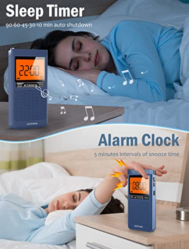AM FM Portable Radio,Pocket Radio with Best Reception,Transistor Radio with Big Digital Screen, Sleep Timer,Stereo Earphone Jack, and Alarm Clock Operated by 2 AAA Batteries for Jogging, Walking(Blue)