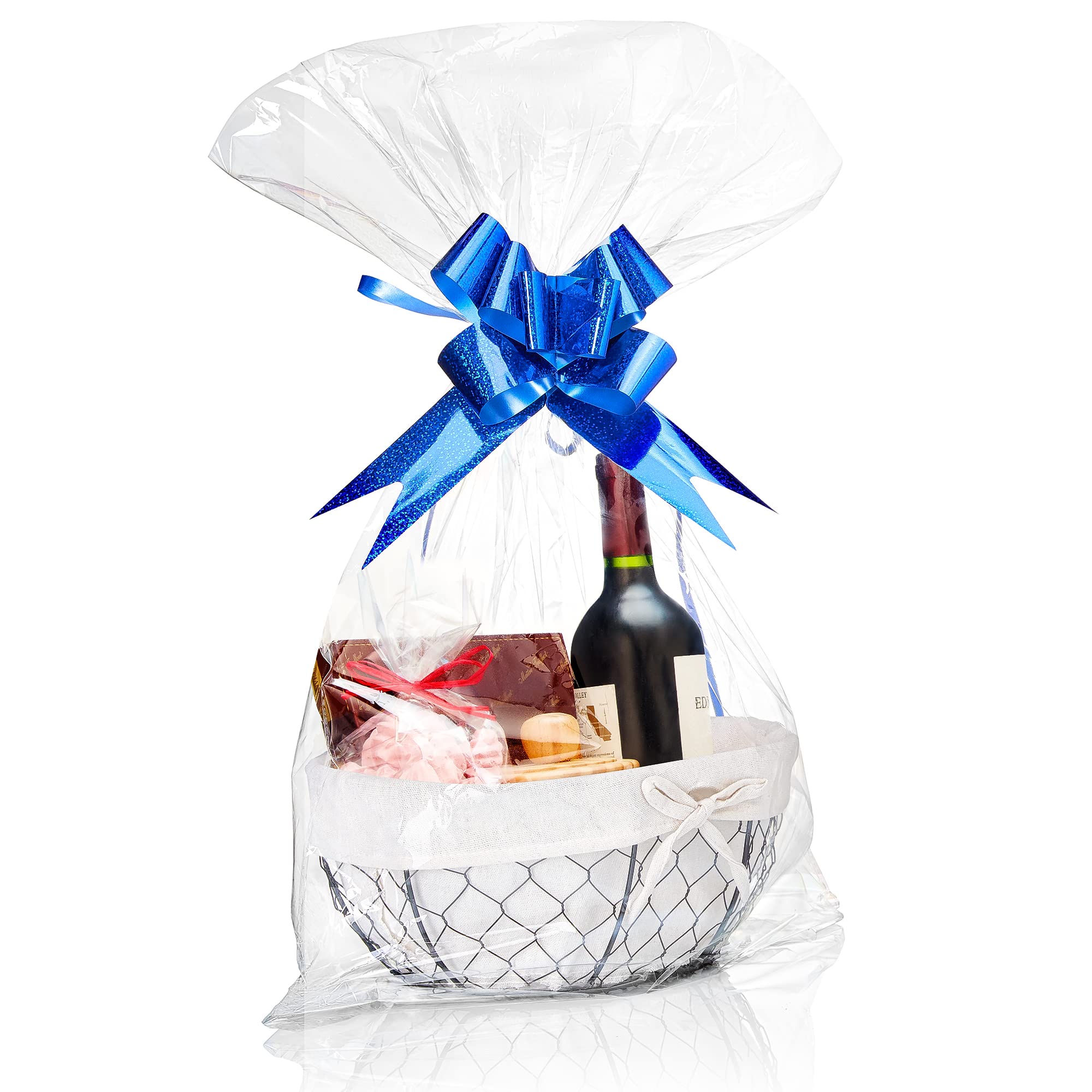 Gift Basket Empty to Fill- Sturdy Metal Fruit Basket with Additional Clear Wrapping Bags and Pull-Bows, Durable Black Wire Fruit Basket With Lining for Gifts and Storage, DIY Gift Basket