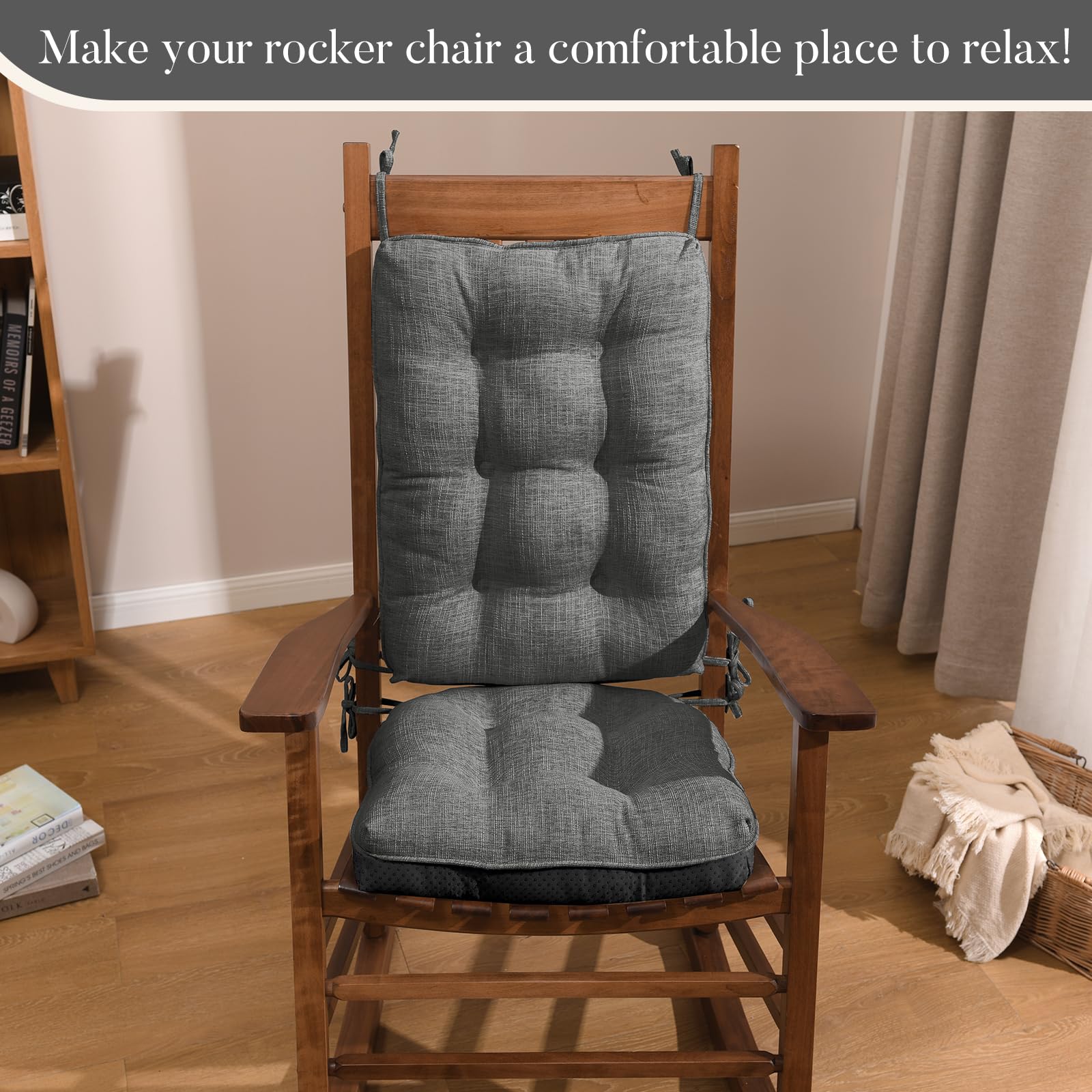 Basic Beyond Rocking Chair Cushions Set of 2, Porch Rocker Cushions for Wooden Rocking Chairs Outdoor with Thick Padding, Back Cushion with Ties, Tufted Seat Cushion with Non-Slip Backing(Dark Grey)