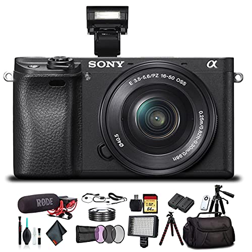 Sony Alpha a6300 Mirrorless Camera with 16-50mm Lens Black ILCE6300L/B with Soft Bag, Tripod, Additional Battery, Rode Mic, LED Light, 64GB Memory Card, Card Reader, Plus Essential Accessories