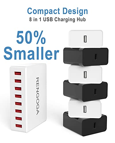 USB Charging Station, RENGOGA 50W/10A USB Charger 8-Ports USB Charging Hub, Multi USB Charger Block for Multilple Devices, iPhone 13 12 11 Pro Max,iPad Air, Samsung Galaxy S21 S20, Tablet-White