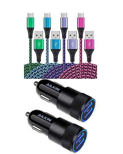Car Charger, [2Pack] 3.4a Fast Charge Dual Port USB Adapter&[4Pack/6FT] USB Type C to USB A Cable