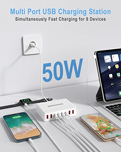 USB Charging Station, RENGOGA 50W/10A USB Charger 8-Ports USB Charging Hub, Multi USB Charger Block for Multilple Devices, iPhone 13 12 11 Pro Max,iPad Air, Samsung Galaxy S21 S20, Tablet-White