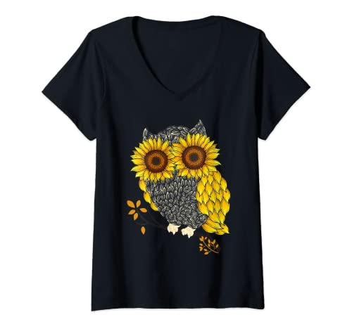 Womens Sunflower Seeds Owl Halloween Bird Lover Women Kids Gift V-Neck T-Shirt