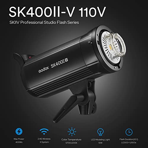 Godox SK400II-V (2023 New Upgrade) 400Ws Bowens Mount Photo Studio 5600±200K Strobe Light Built-in 2.4G Wireless X System with LED Modeling Lamp Bowens Mount Photography Flashes
